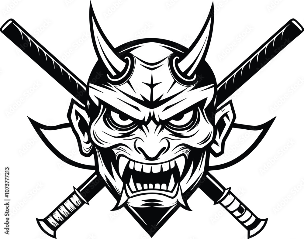 Oni mask and two crossed katana, japanese oni mask vector illustration ...