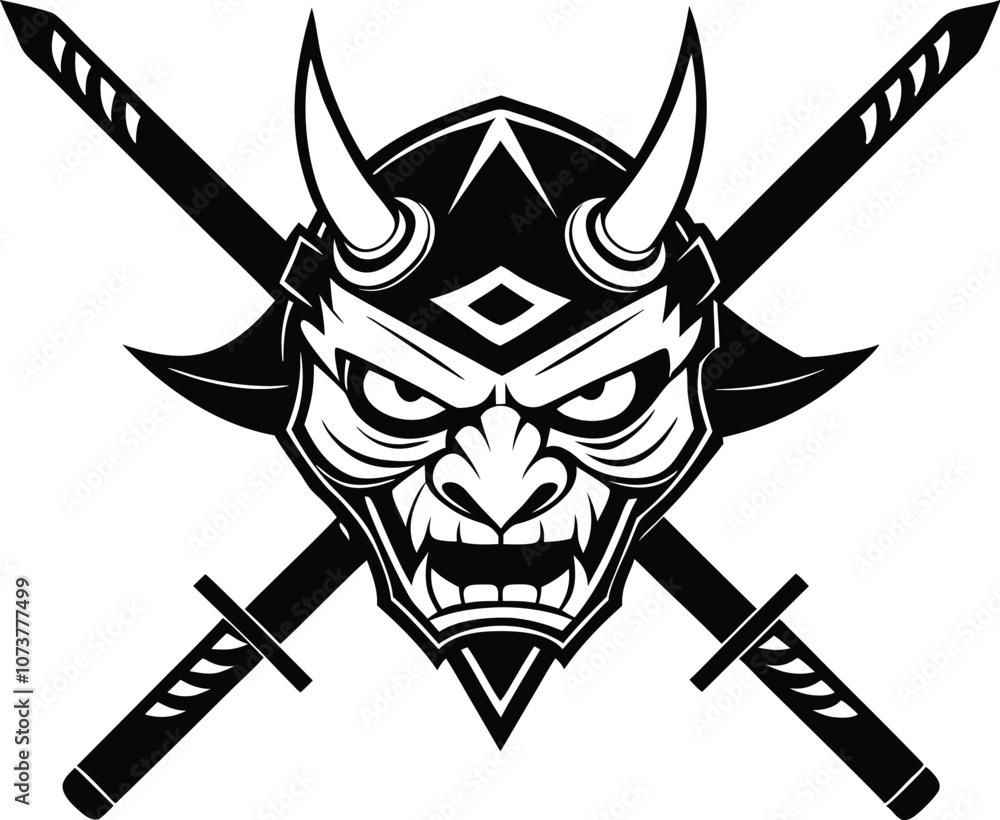 Oni mask and two crossed katana, japanese oni mask vector illustration ...