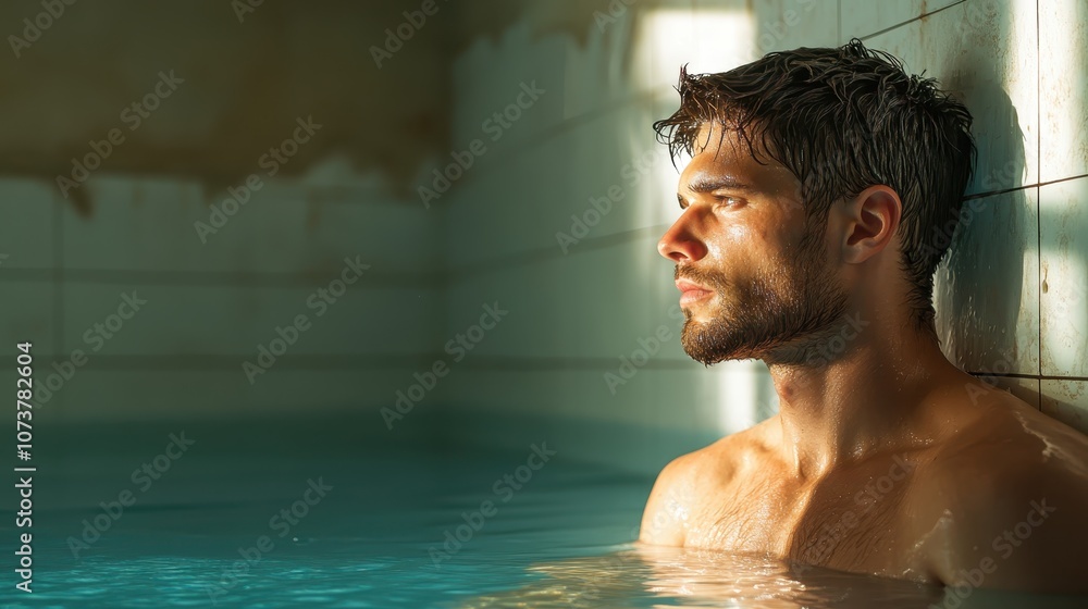 A shirtless man in a pool, half-submerged, gazes into the distance ...
