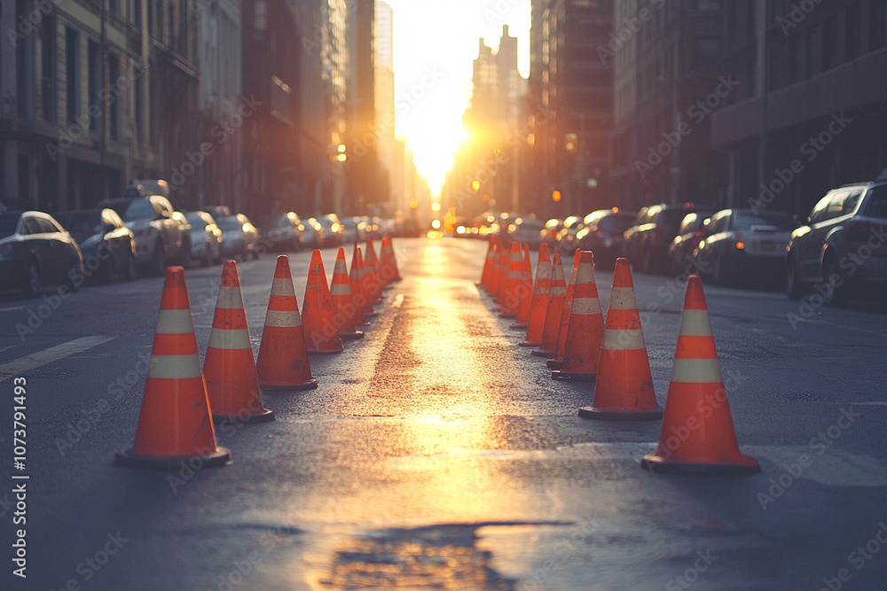 Traffic cones lined up on a city street at sunset background ...
