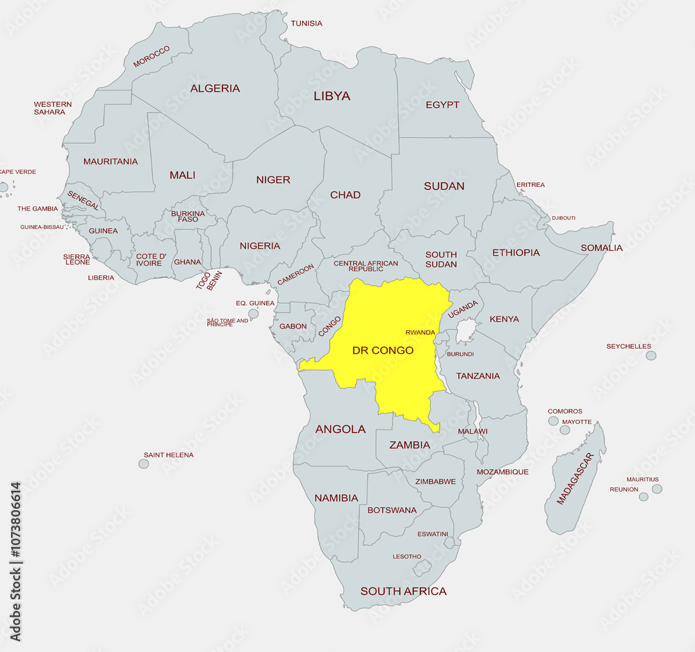 Political map of Africa with dr Congo highlighted, showing country ...