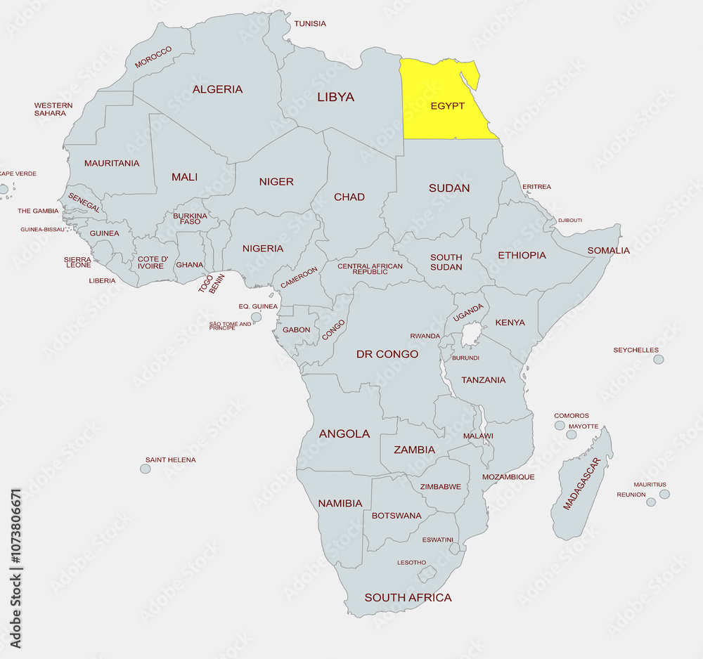 Political map of Africa with Egypt highlighted, showing country borders ...