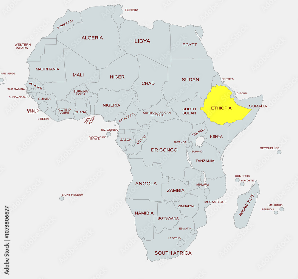 Political map of Africa with Ethiopia highlighted, showing country ...