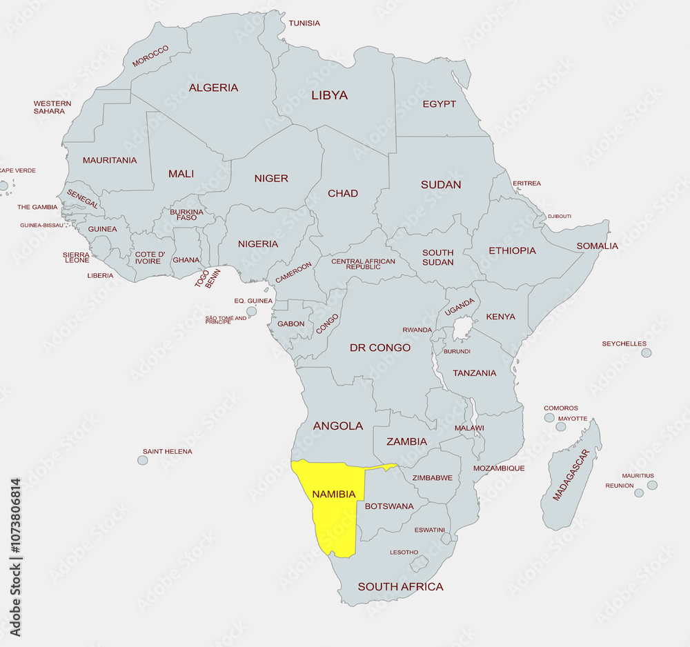 Political map of Africa with Namibia highlighted, showing country ...