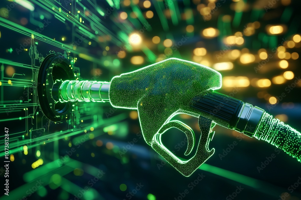 Digital fuel nozzle with glowing green particles inserted into a ...