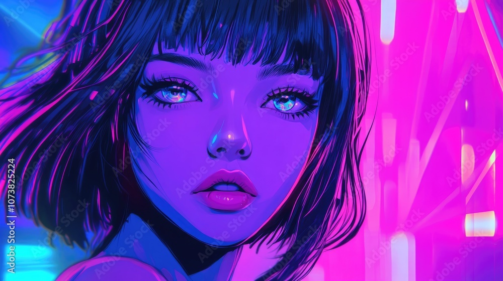 Stunning 2D cartoon illustration of an anime girl featuring vaporwave ...