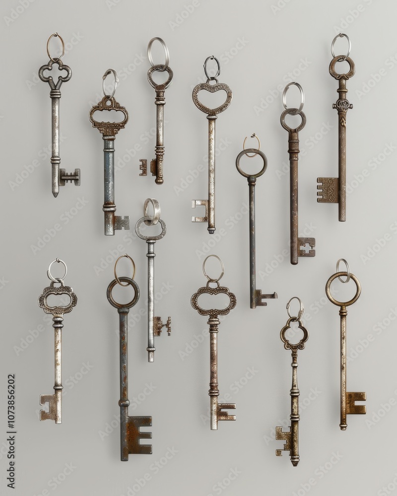 Various vintage keys are displayed against a neutral background ...