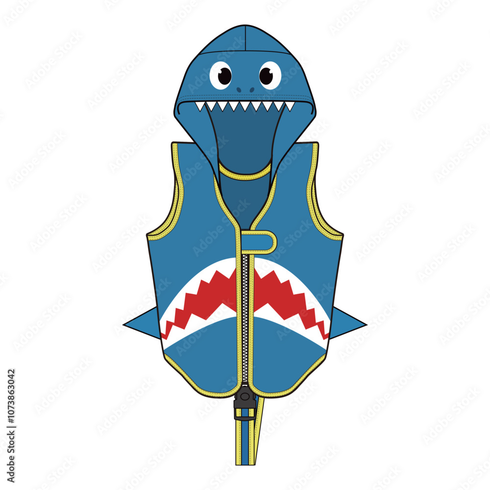 Shark-Themed Kids' Life Vest Front and Back View Technical Template for ...