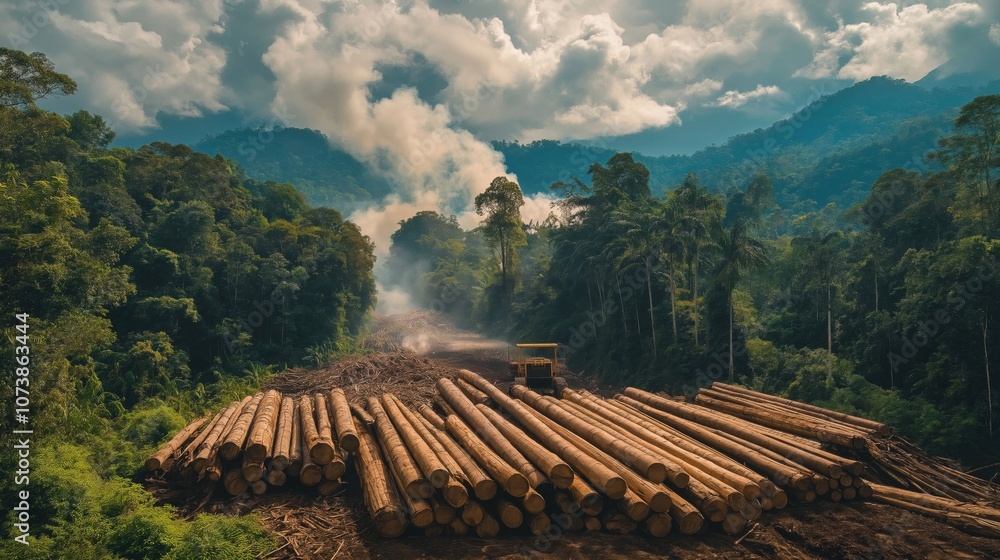Aerial view of large logs collected in a lush tropical rainforest ...