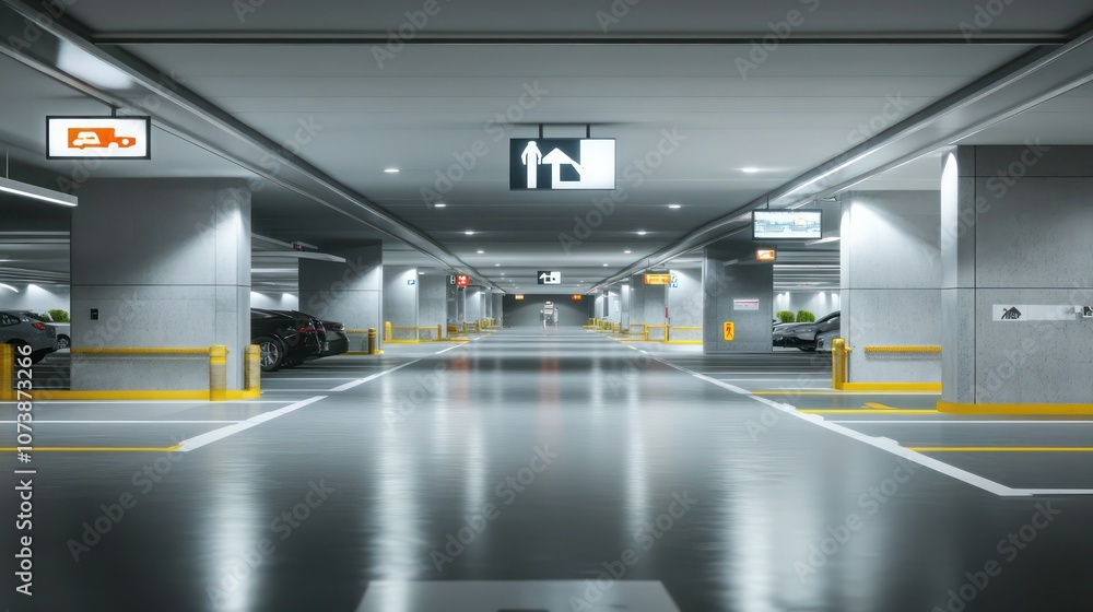 A modern hospital parking garage with bright lighting, clean ...