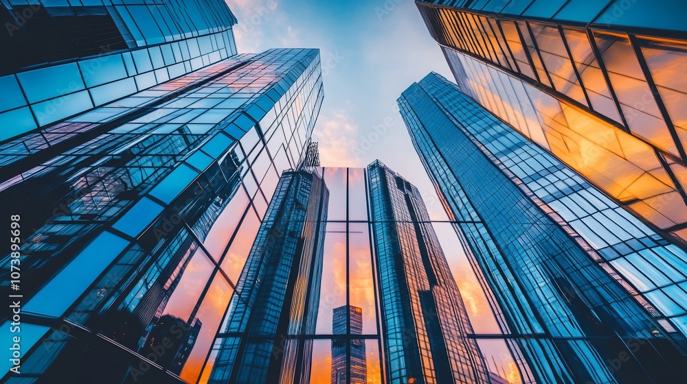 Low angle view of tall modern skyscrapers with glass facades reflecting ...