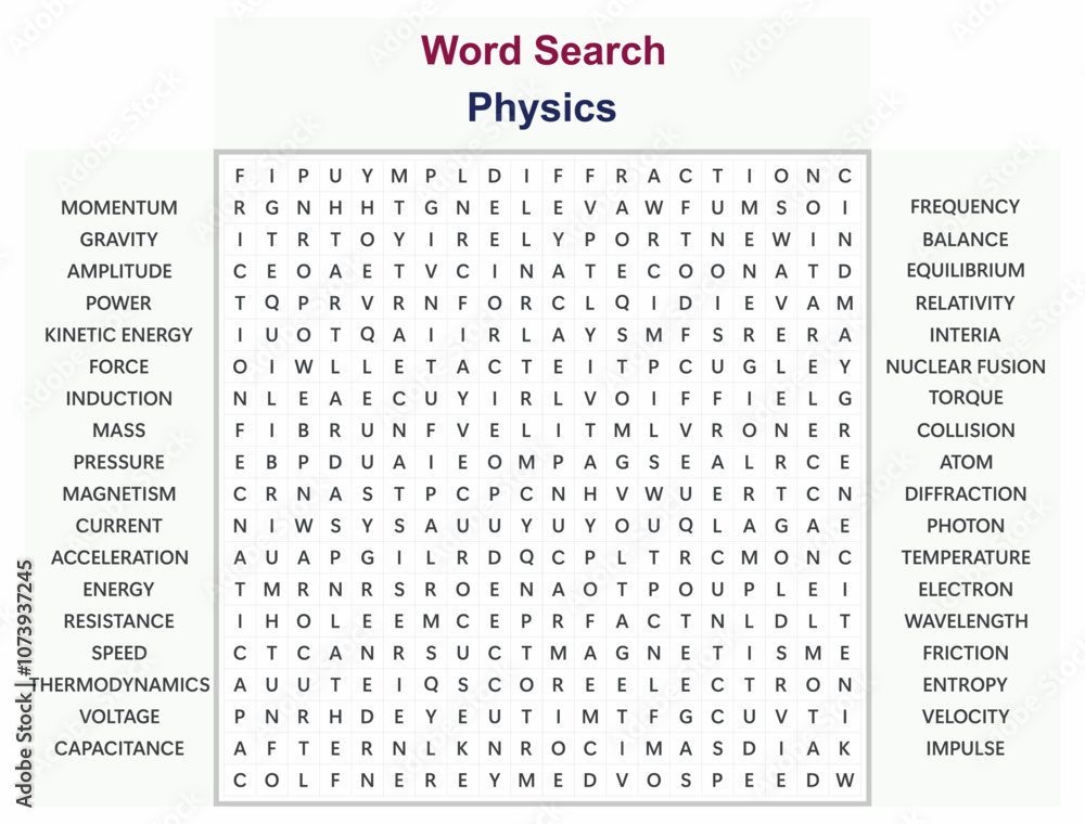 Word search puzzle vector (Word find game) illustration. Physics Stock ...