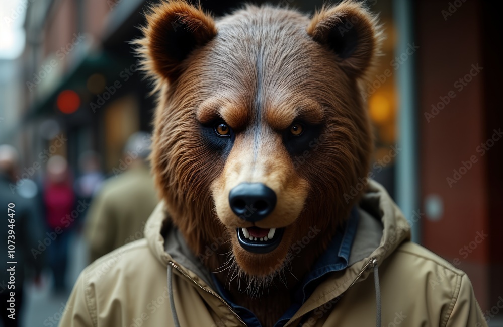 Person in bear mask. Person wears khaki jacket, realistic brown fur ...