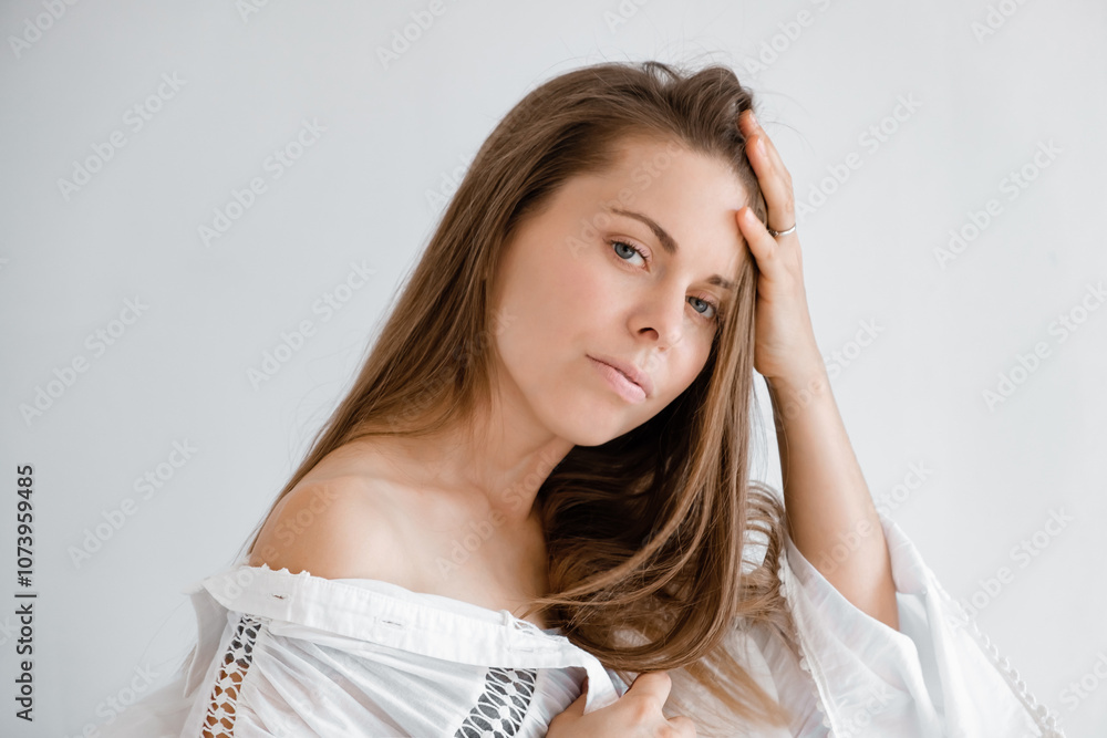 Beautiful Young Woman Caucasian Appearance In White Cotton Dress With