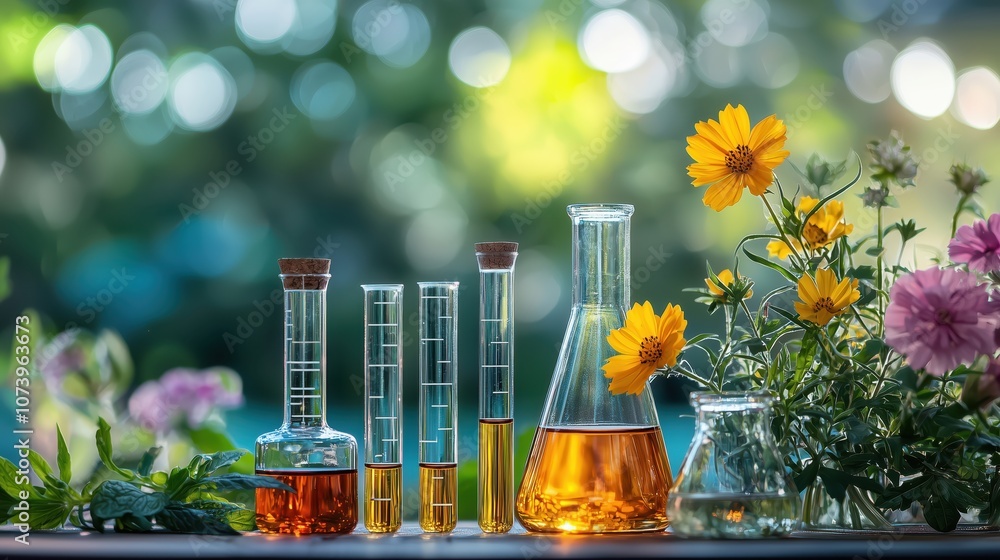 Vibrant Scientific Laboratory with Glass Beakers and Colorful Flowers ...
