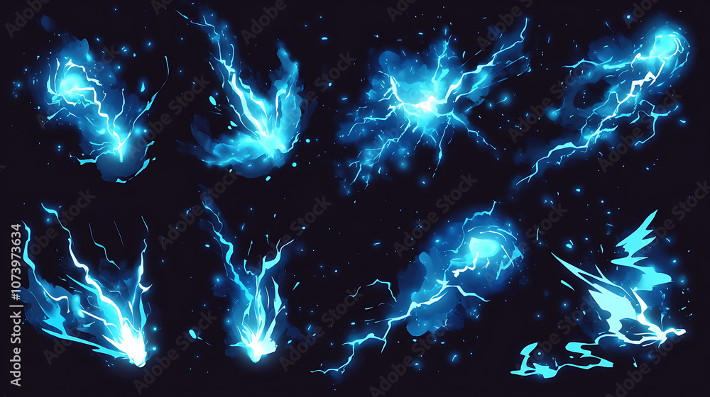 Animated cartoon lightning sprite, Blue vector thunderbolts strike in a ...