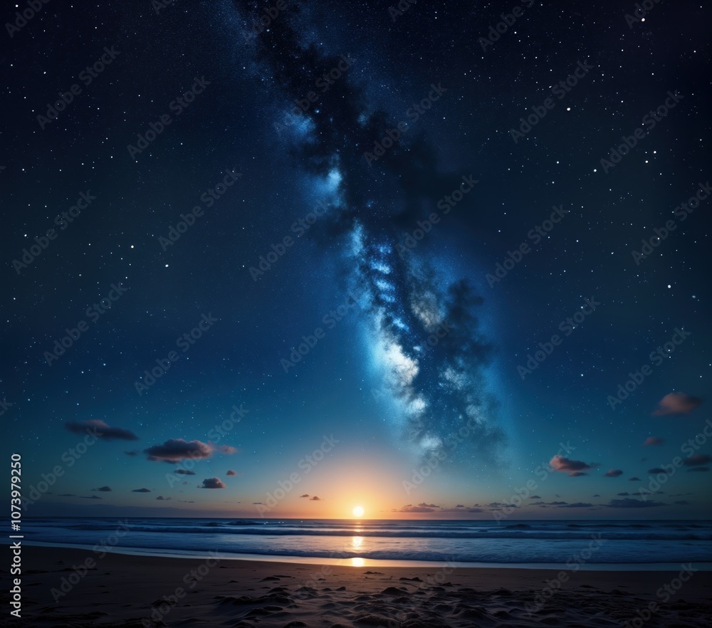 Milky way galaxy shines over ocean beach. Stars in night sky at sunrise ...