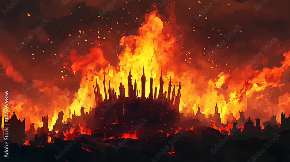 Fiery medieval king crown rise and fall of empire concept illustration ...