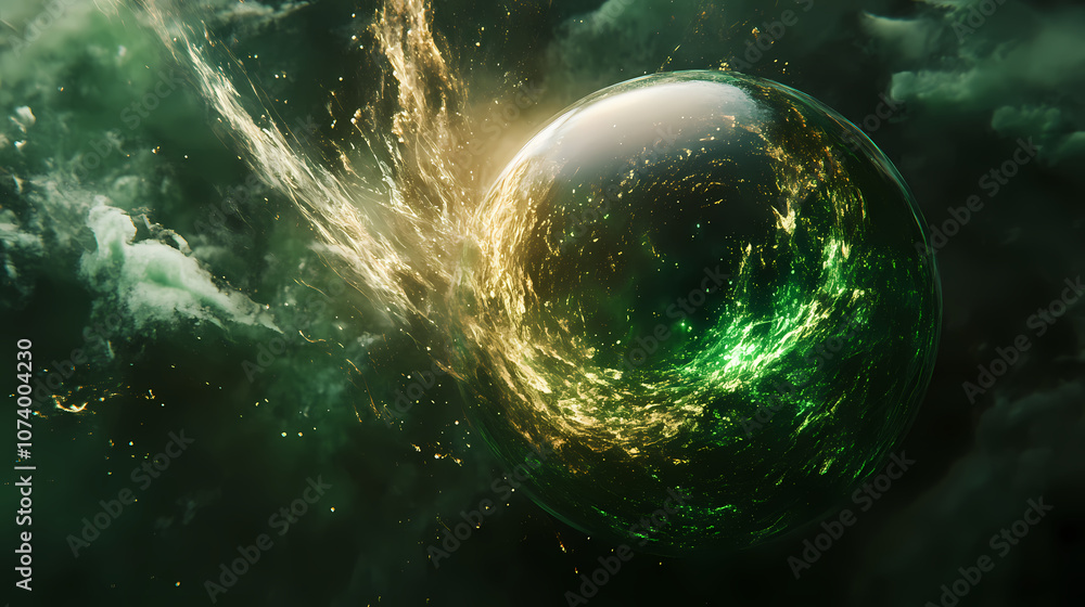 Emerald orb with swirling magic particles, 3d render. vfx overlays ...
