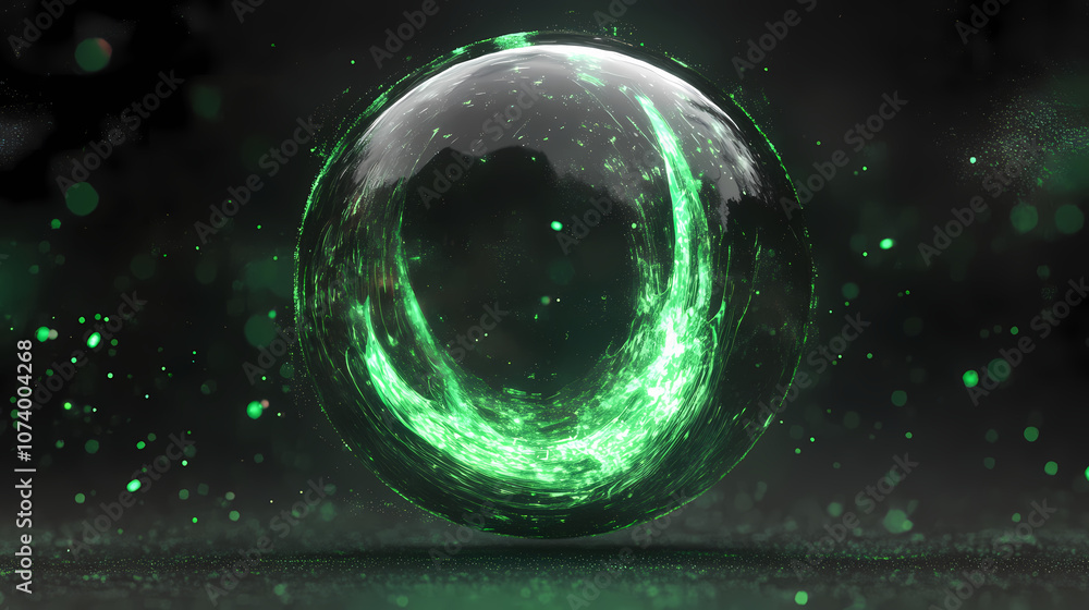 Emerald orb with swirling magic particles, 3d render. vfx overlays. alpha transparent for ...