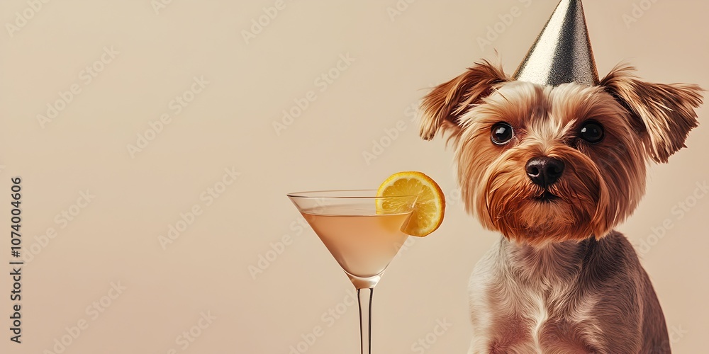 Small fancy dog wearing party hat next to cocktail with lemon slice on ...