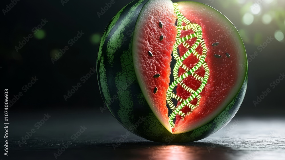 Watermelon cross-section, glowing DNA helix inside, symbolizing fruit ...
