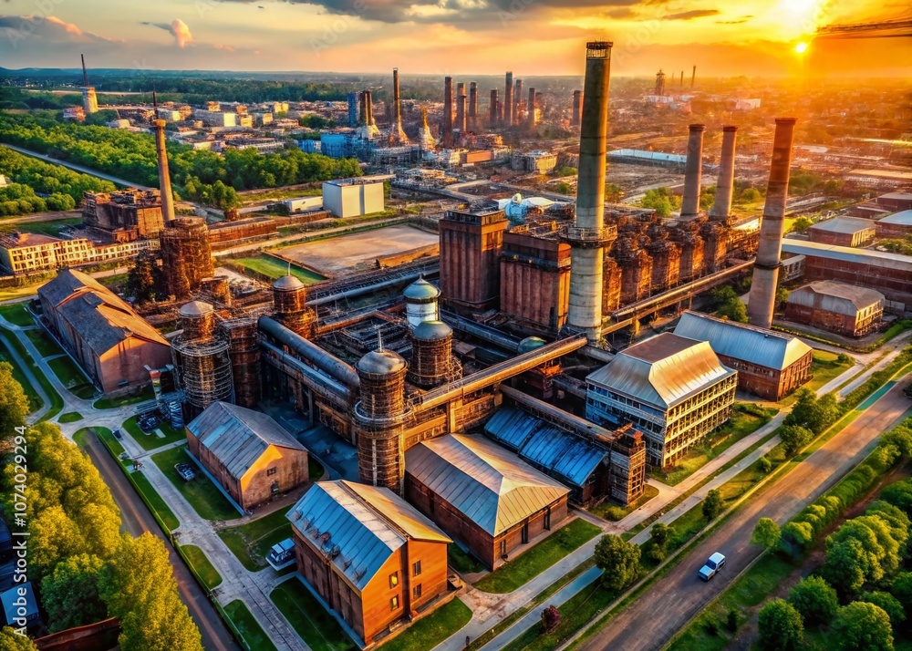 Aerial View of an Expansive Vintage Factory Complex with Heavy ...