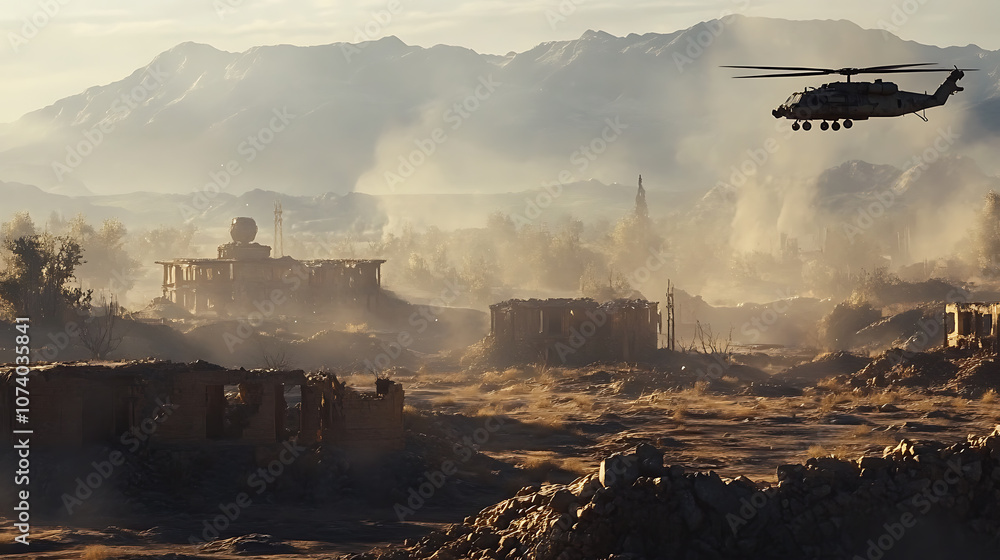 Realistic 3d rendering of military game environment with rugged terrain ...