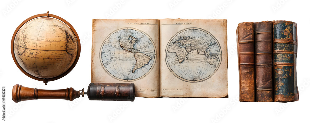 Antique globe and old books with maps depicting the world and America ...