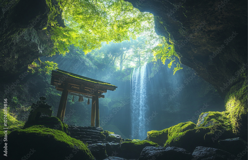 Beautiful Japanese cave with green moss, light rays of sunlight shining ...