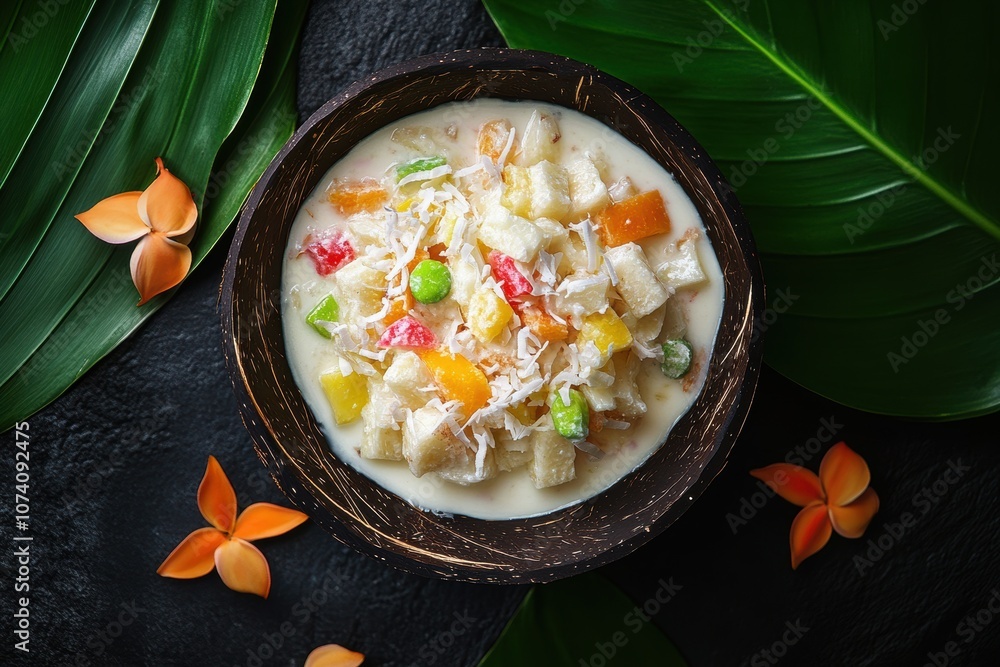 Bird s eye perspective of Buko Salad a Filipino dessert featuring fresh ...