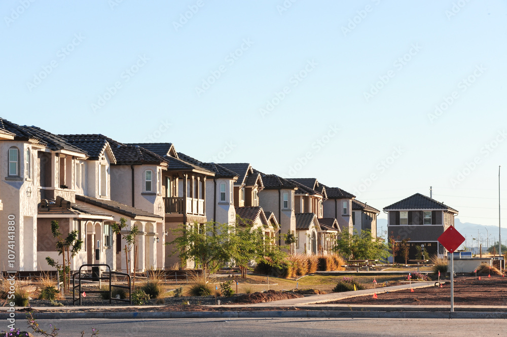 A street in a subdivision, lined with a row of newly finished two-story ...