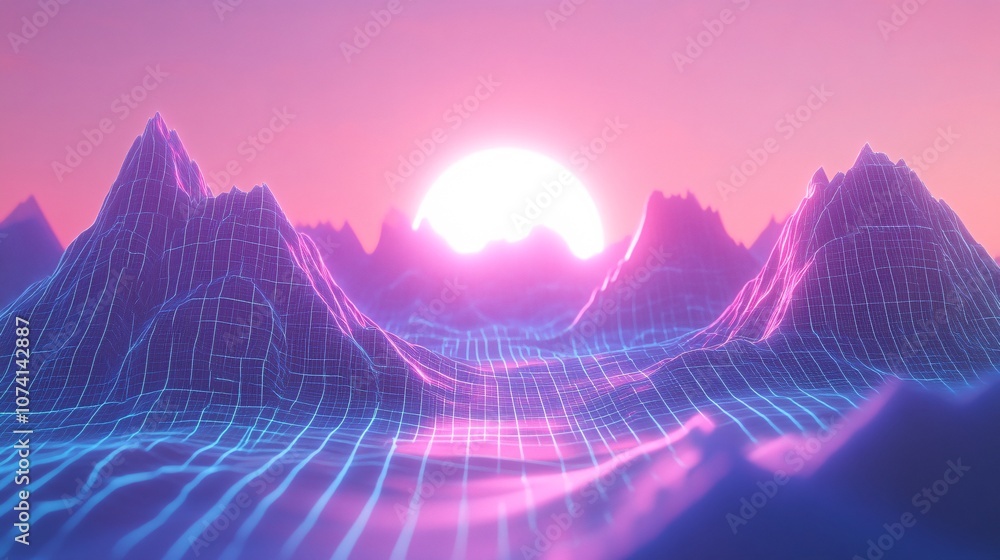 A pulsating neon retrowave landscape unfolds, where a low-poly mountain ...