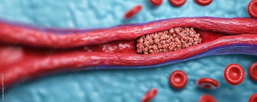 Microscopic view of blood vessels with red blood cells and clots ...