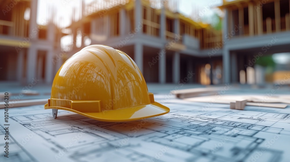 Hard Hat Resting on Construction Blueprints. Yellow hard hat placed on ...