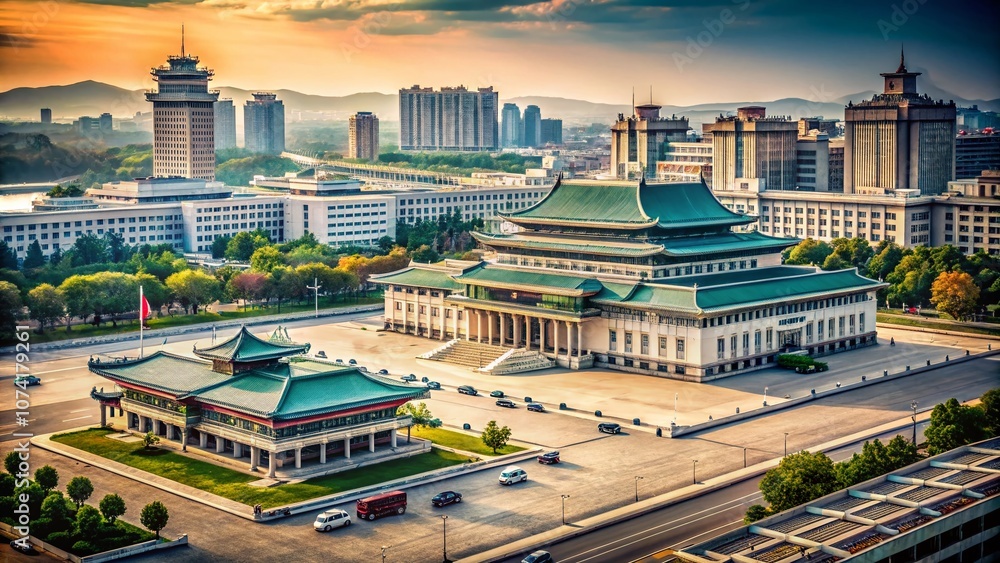 Vintage Style Elevated View of Kim Il Sung Square and the Korean ...