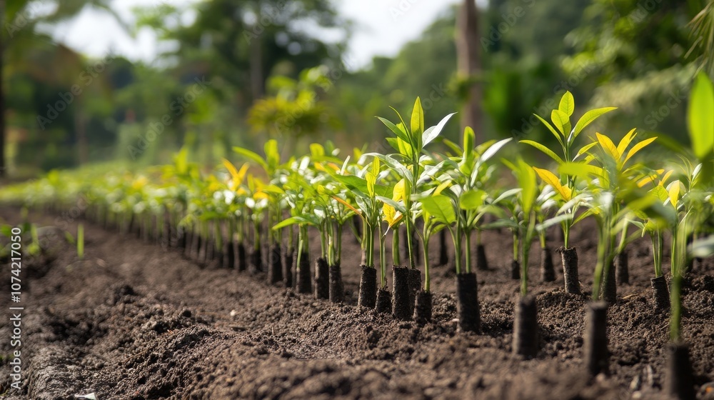 A row of newly planted saplings in a reforestation effort to combat ...