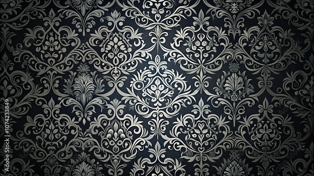 Black wallpaper with an intricate pattern of silver filigree design ...