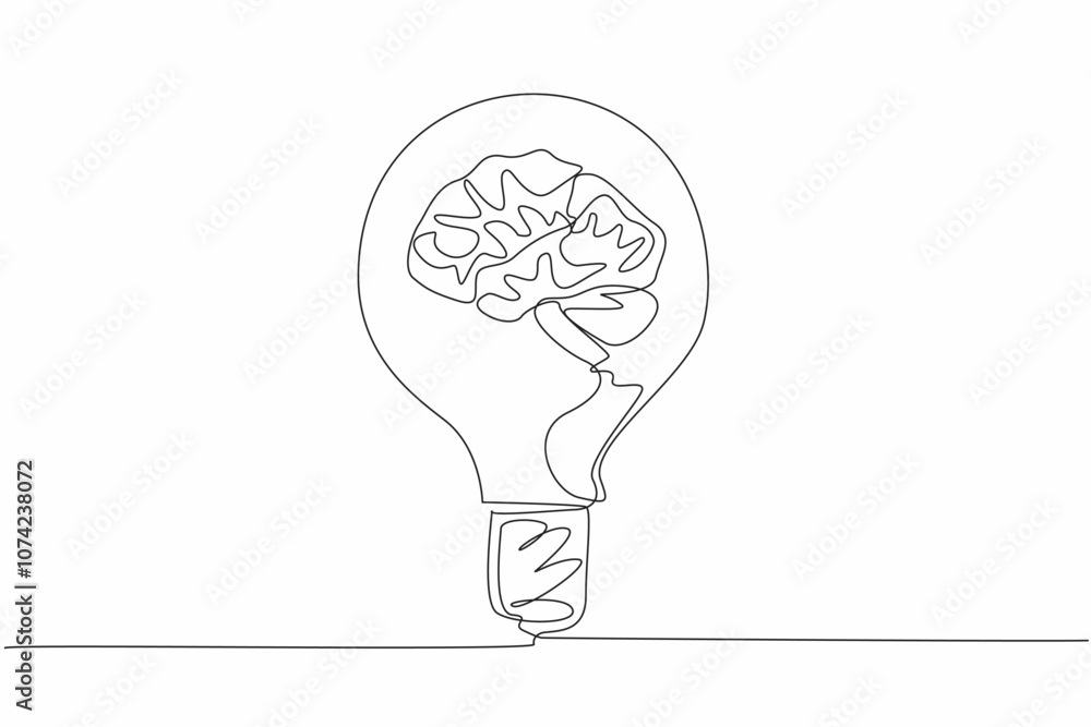 One single line drawing of human brain inside the light bulb lamp ...