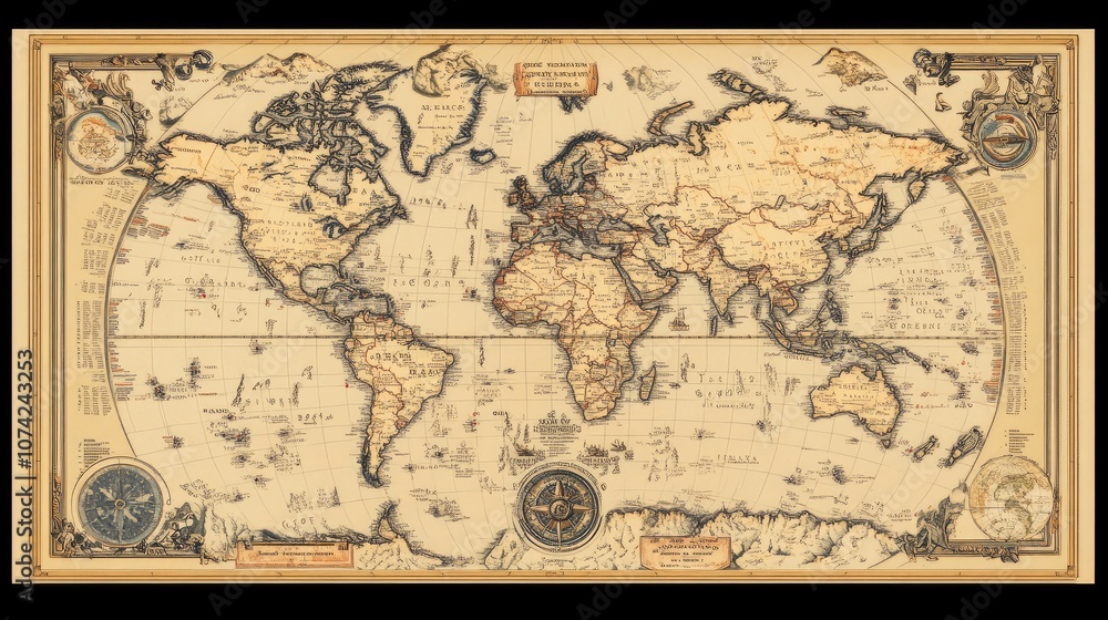 Classic world map with old-school typography for country names and ...
