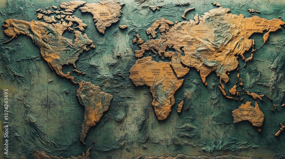 Illustration Stock Close-up of a detailed world map with country names ...