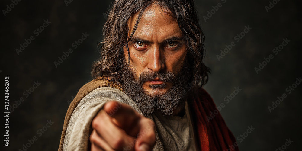 Jesus christ pointing his finger in a dramatic portrait Stock Photo ...