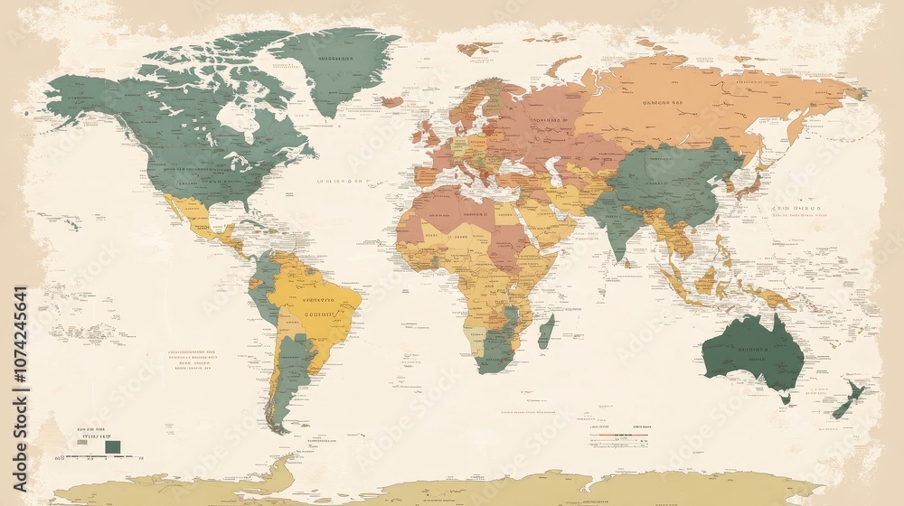Simple world map with a muted color palette, showing continents in soft ...