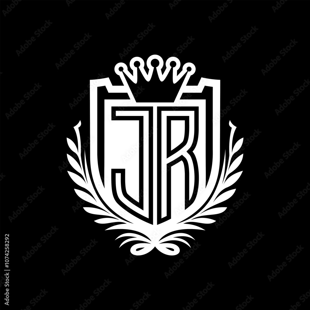 JR Letter logo heraldic shield shape with crown on black background ...