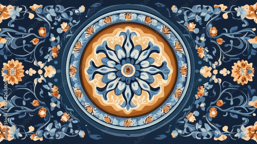 2D cartoon illustration featuring a Persian circular and border ...