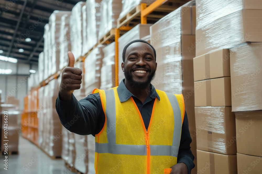 Warehouse worker showing a thumbs up gesture in shipping area packed ...