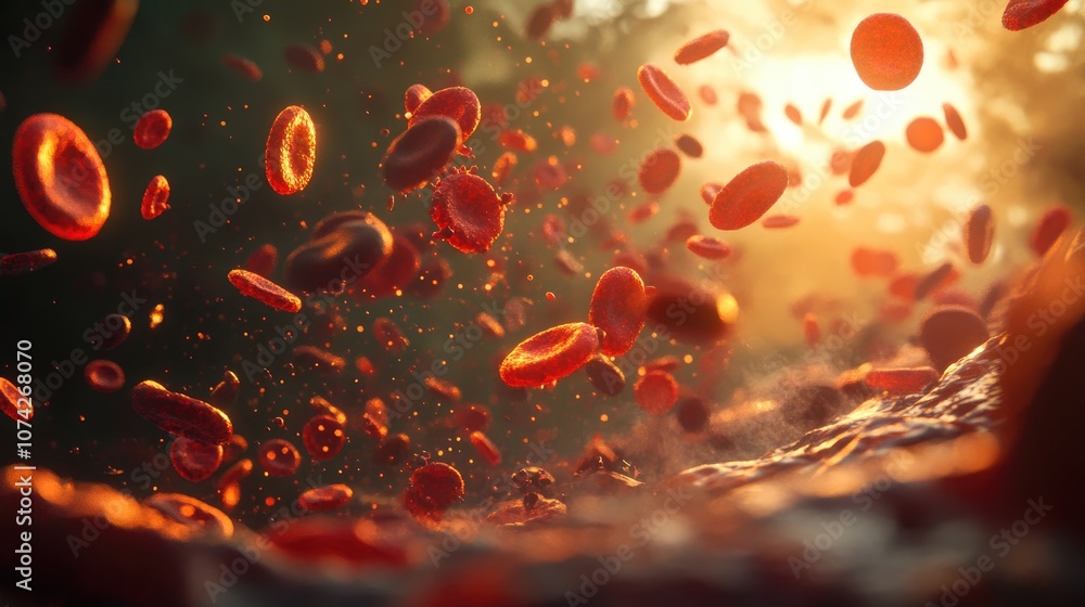 Infected red blood cells in the bloodstream depicted in a realistic 2D ...