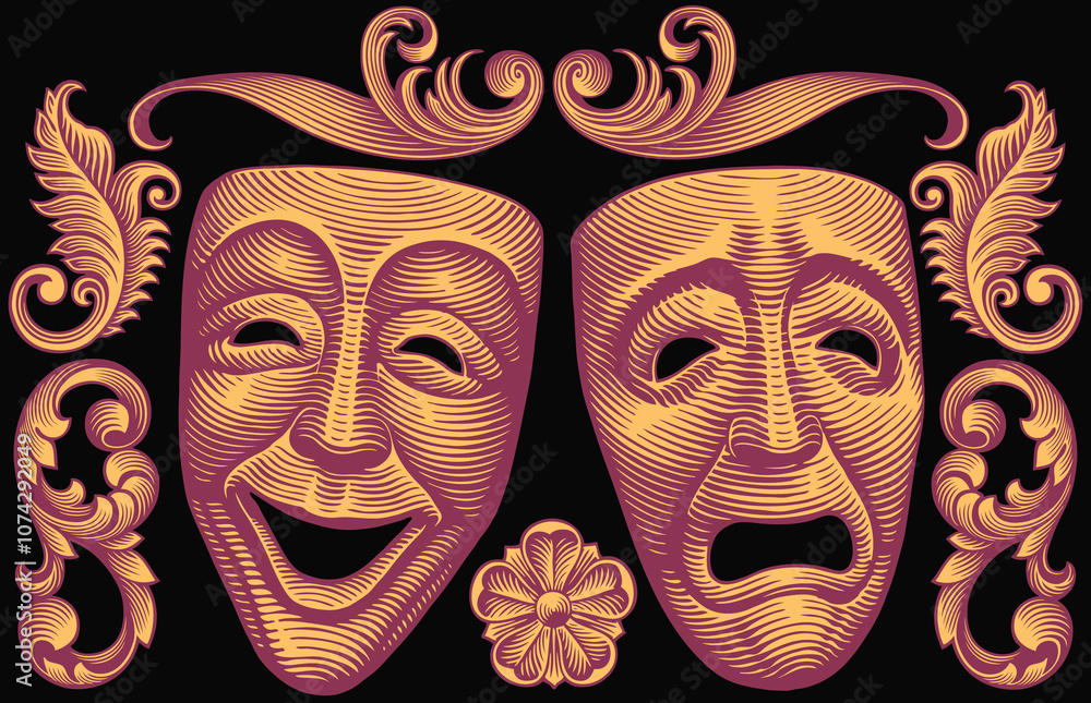 Comedy and Tragedy Theatrical Masks. Design set. Editable hand drawn ...