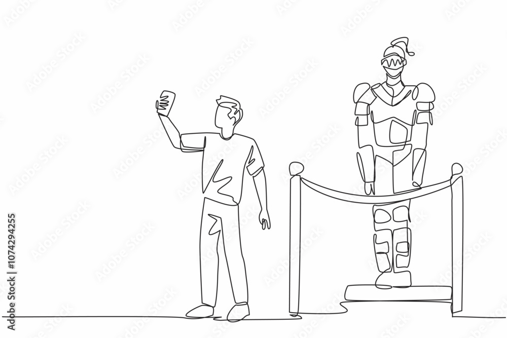 Museum Selfie Day. One single line drawing of young man museum visitor ...