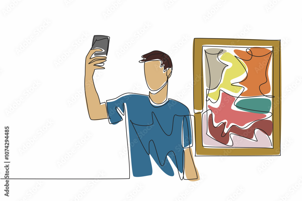 Single continuous line drawing of young handsome man take a selfie ...